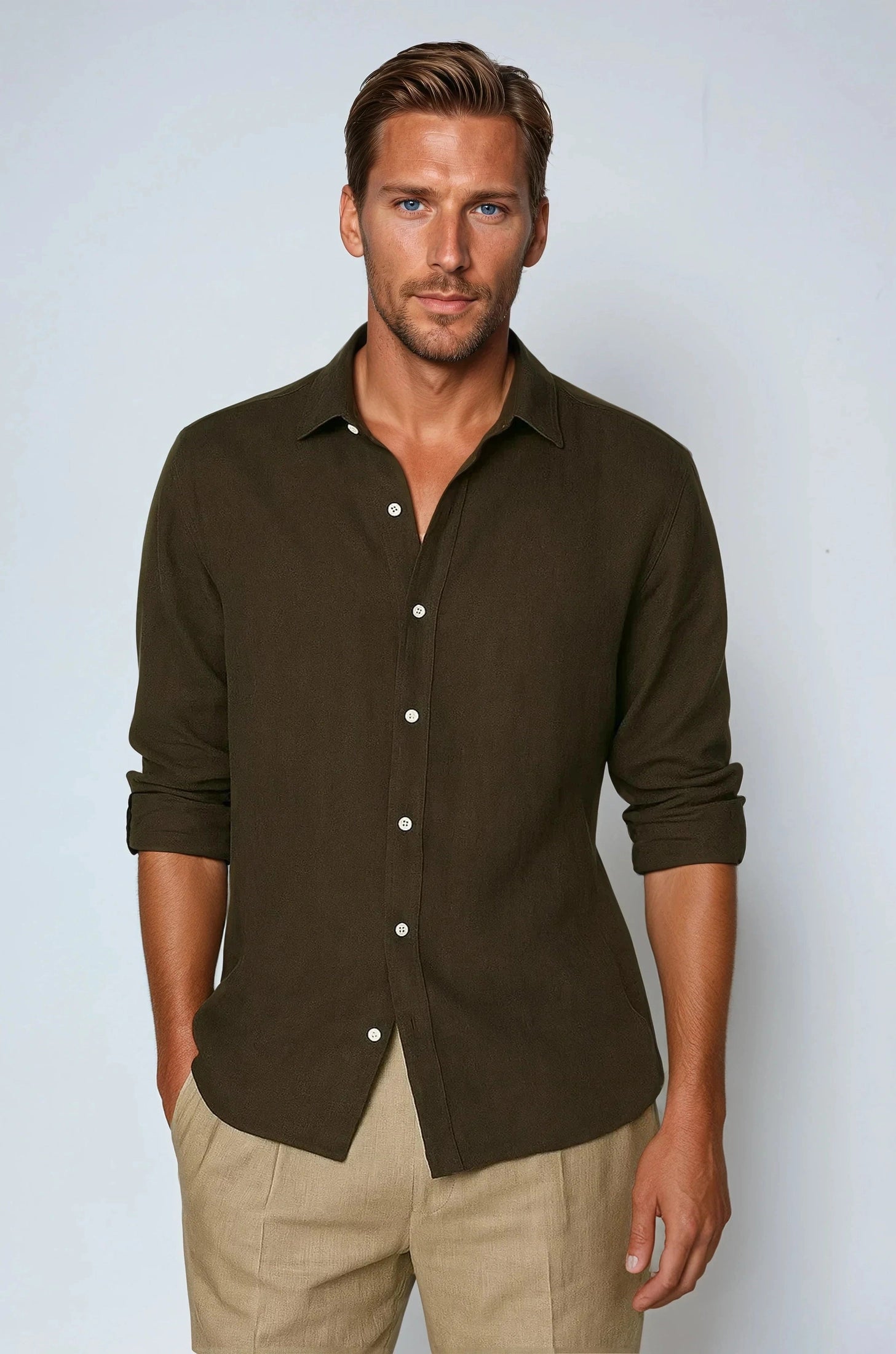 Men’s Lightweight Linen Shirt – Deep Brown, 100% Pure Long-Staple Line ...